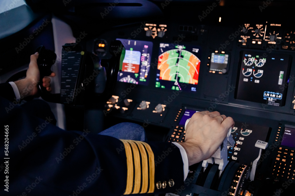 Pilot hand disengage engine in cockpit to fly, take off and landing ...