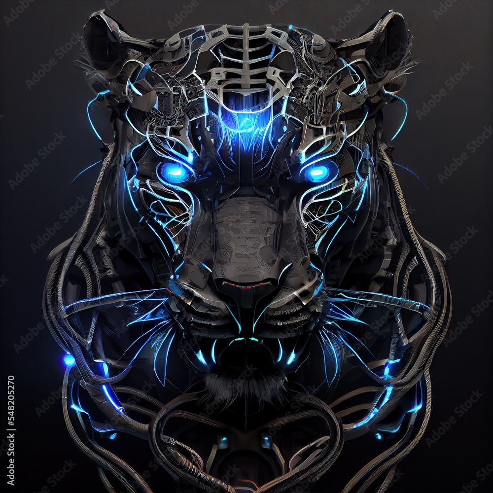 Robotic panther made with metals, cables and wires, in style of ...