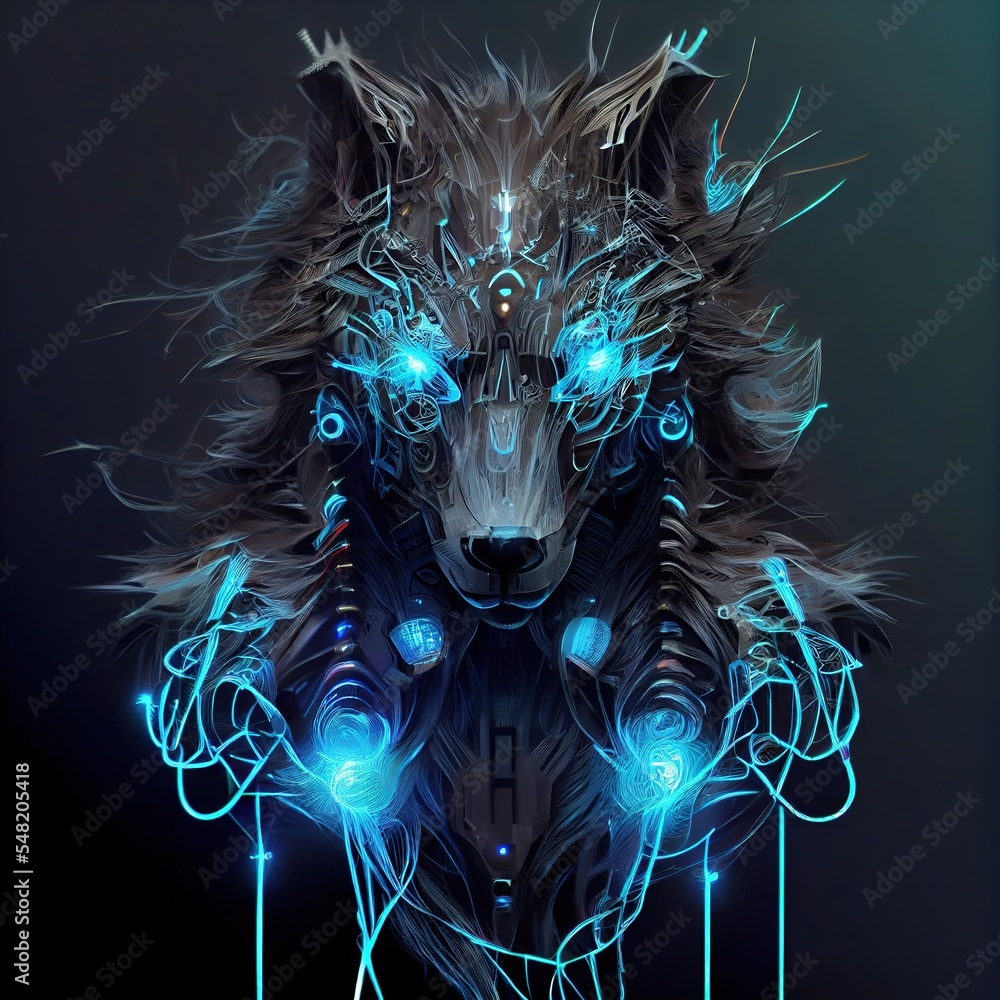 Robotic wolf made with metals, cables and wires, in style of cyberpunk ...