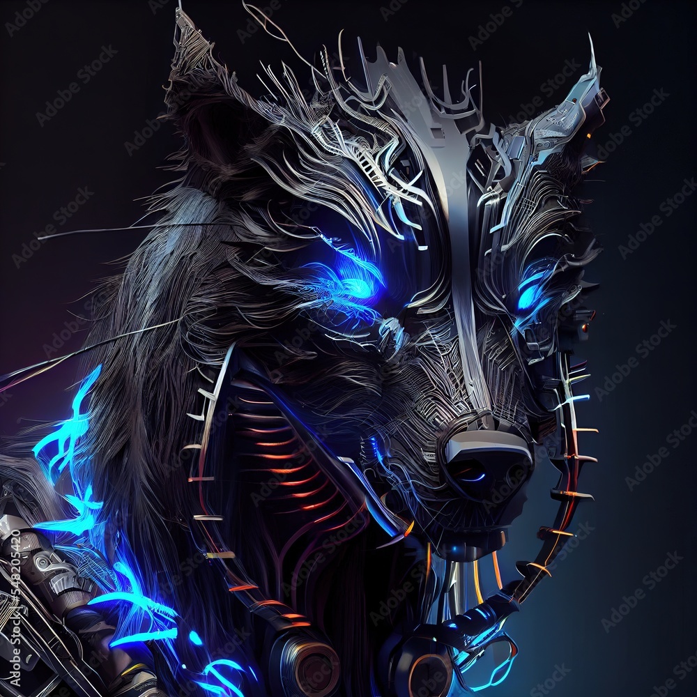 Robotic wolf made with metals, cables and wires, in style of cyberpunk ...