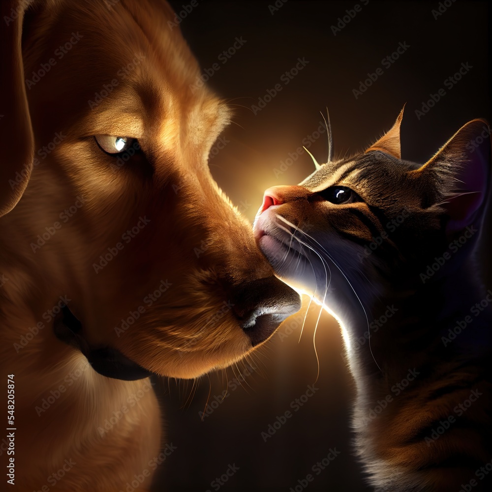Cute dog and cat, care each other. Animal friendship. Stunning ...