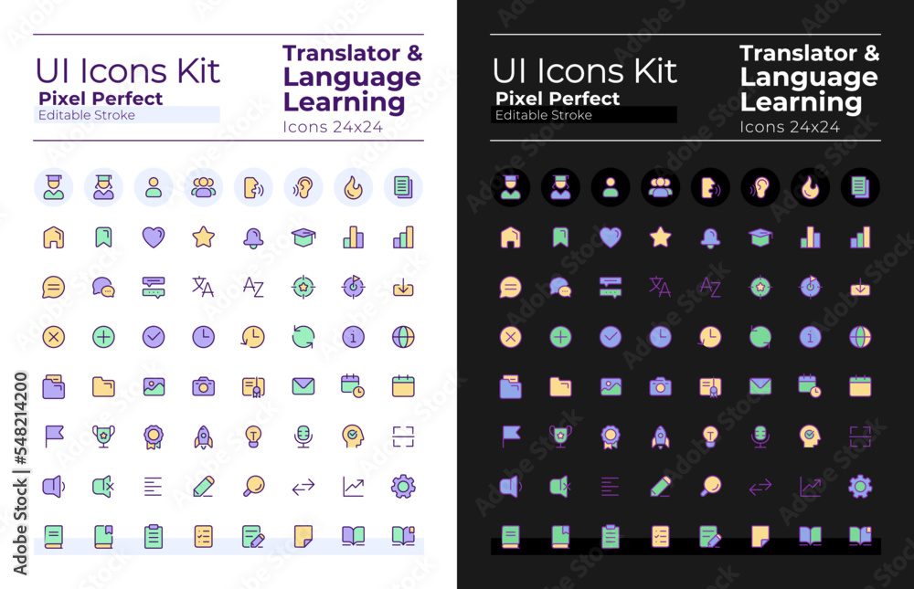 Translator pixel perfect RGB color ui icons set for dark, light mode ...
