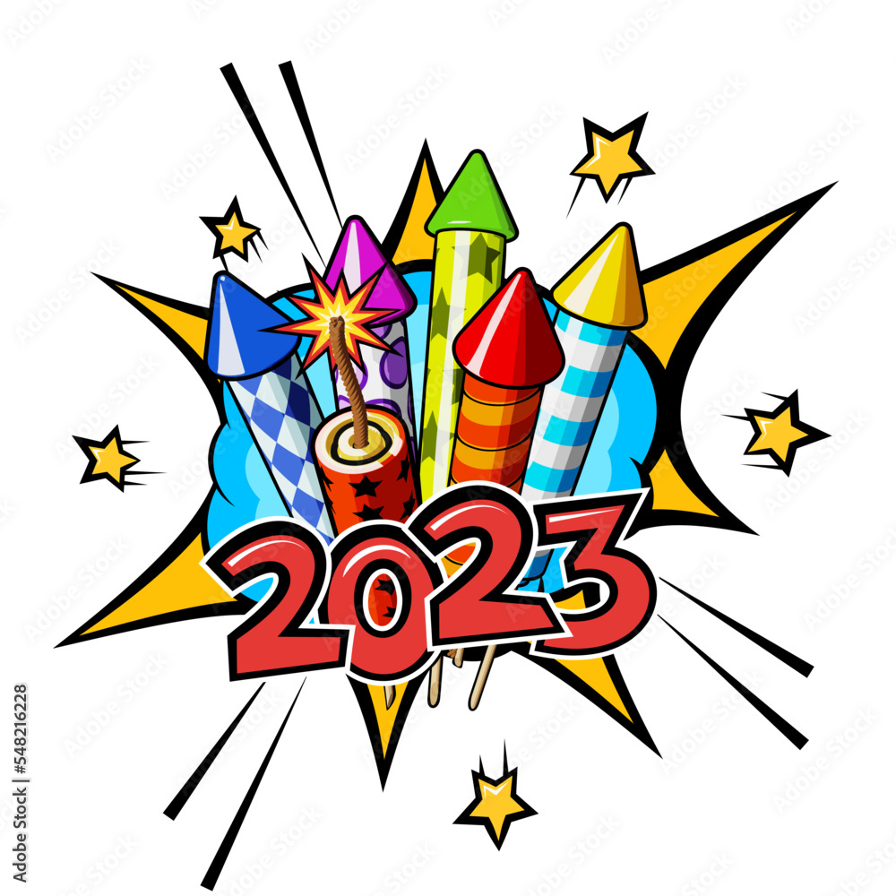 New year fireworks, 2023 text and explosion in comic pop art style ...