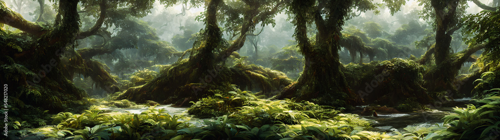 Artistic concept illustration of a rain forest, background illustration ...
