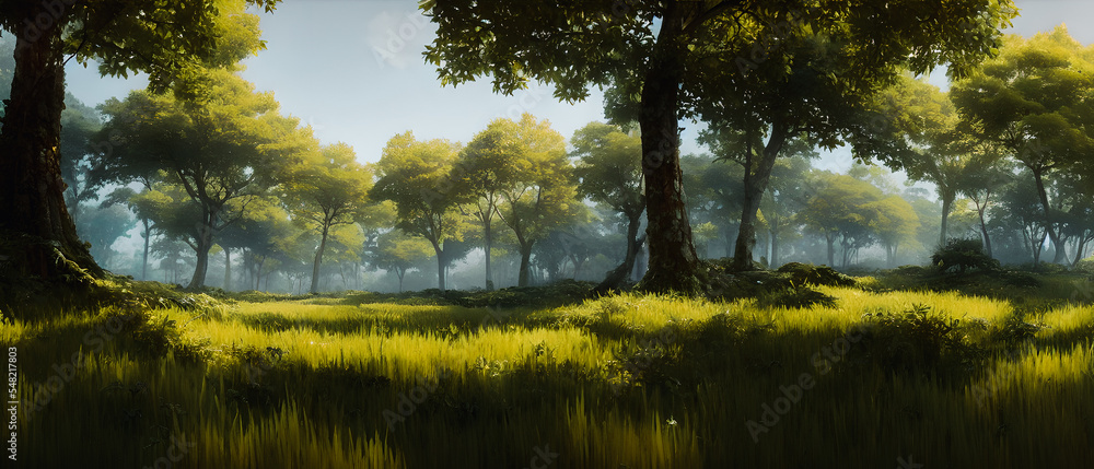 Artistic concept illustration of a panoramic forest landscape ...