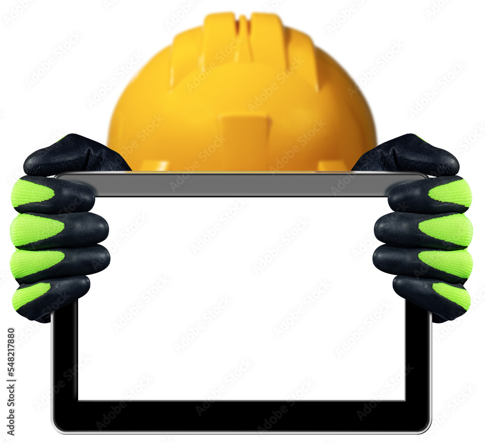 Construction worker with yellow hard hat and hands with protective ...