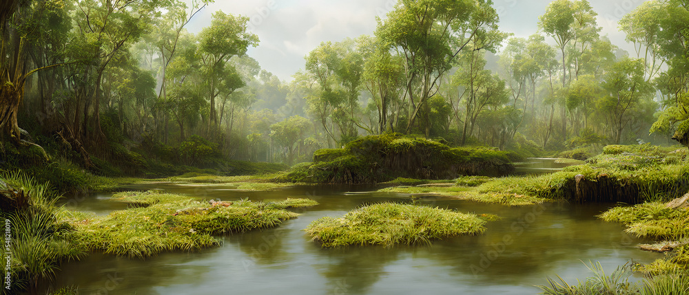 Artistic concept illustration of a panoramic swamp landscape ...