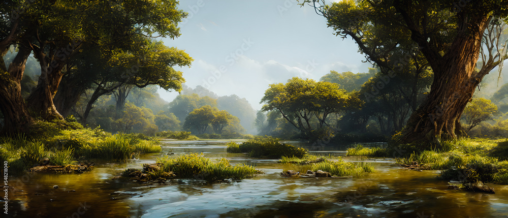 Artistic concept illustration of a panoramic swamp landscape ...