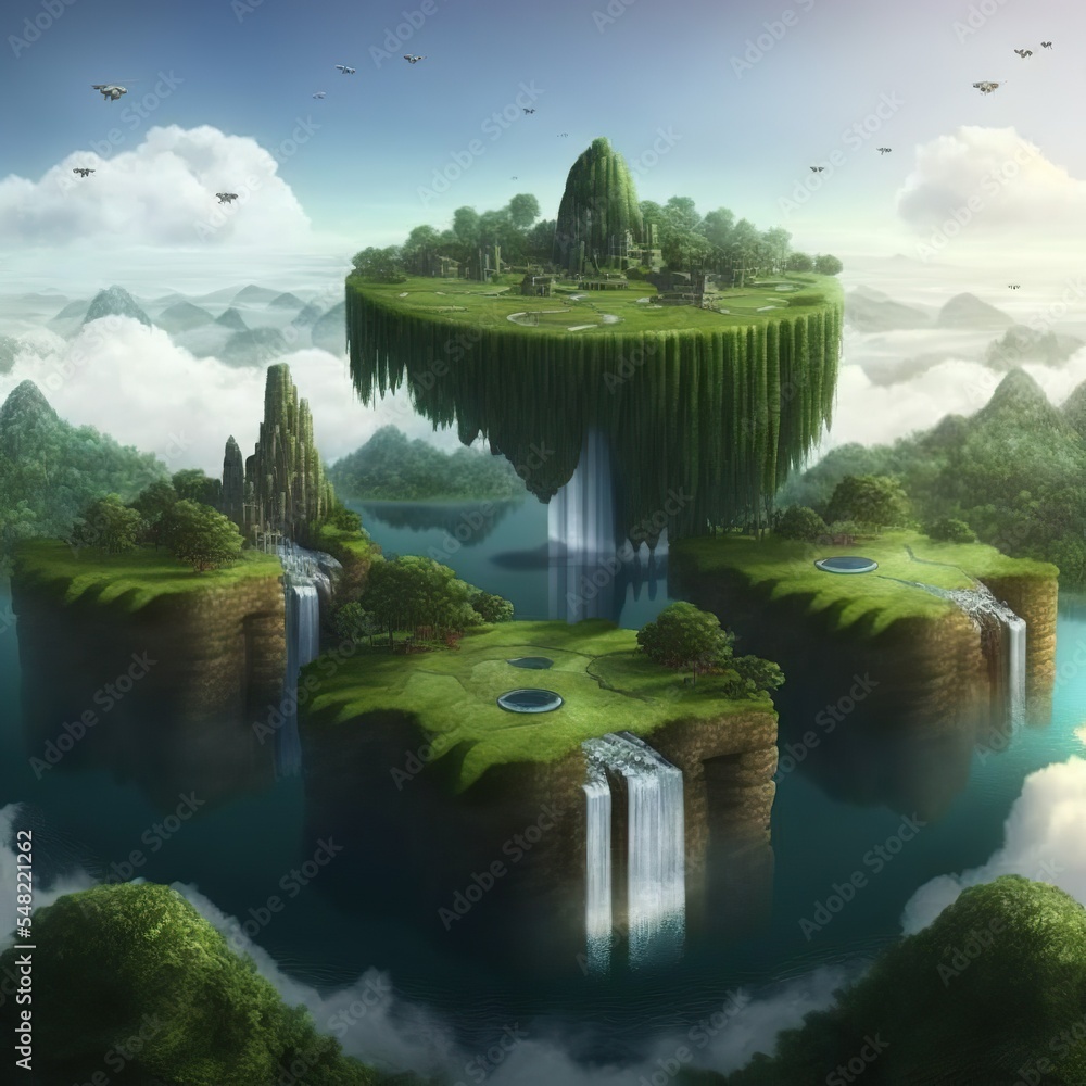 Floating islands with magic castles and waterfall. Stock Illustration ...