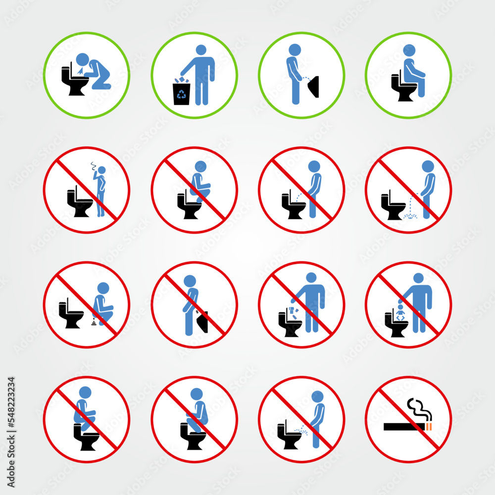 Set of toilet signs. WC icons. Restroom Signs Illustration. No pee sign ...