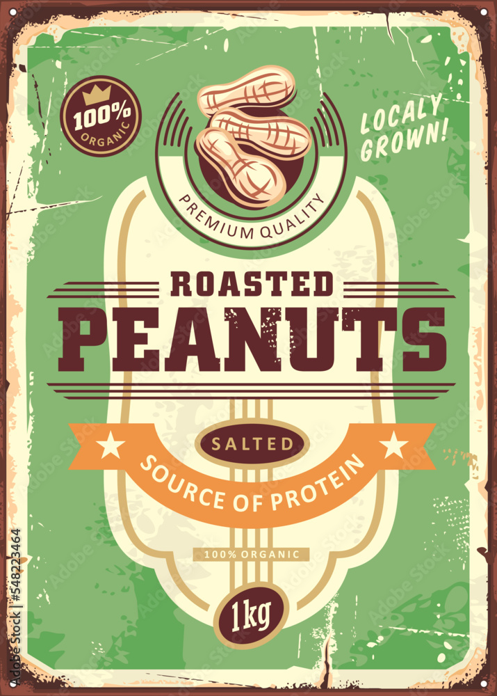 Roasted peanuts retro advertising sign label design template on old ...
