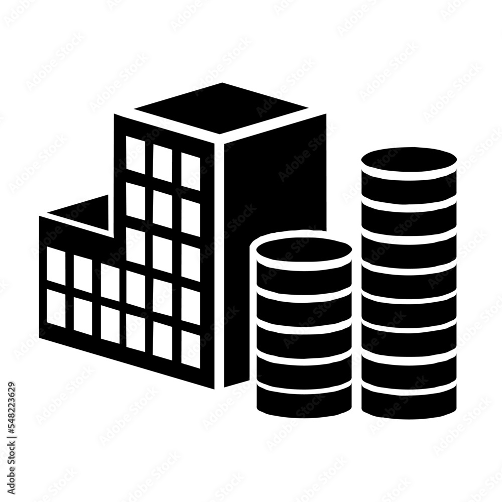 Building with round metal money and piles, stacks of metal coins ...