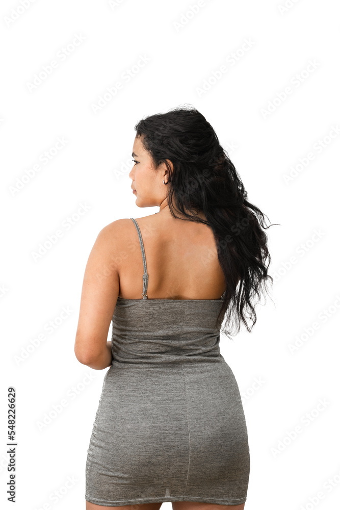 beautiful brunette girl posed on her back on a white background, she is ...