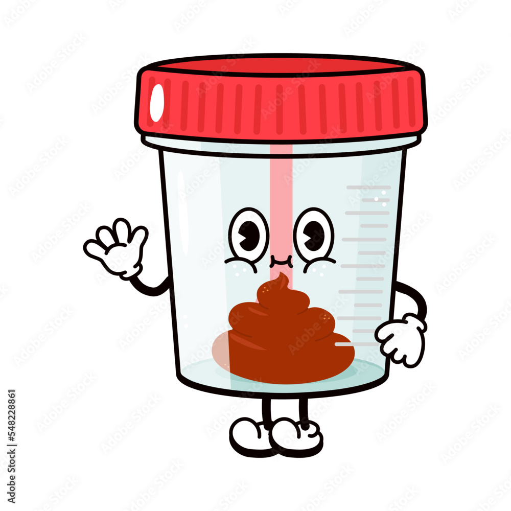 Cute funny container for analysis urine feces waving hand character ...
