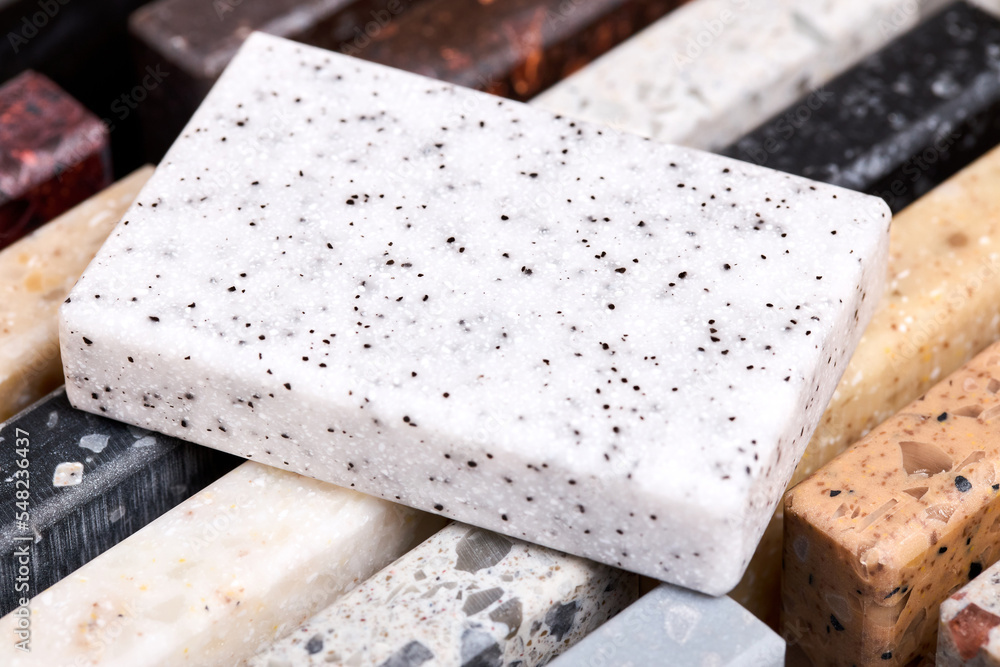 Porcelain and stoneware artificial stone square sample laid on kitchen ...