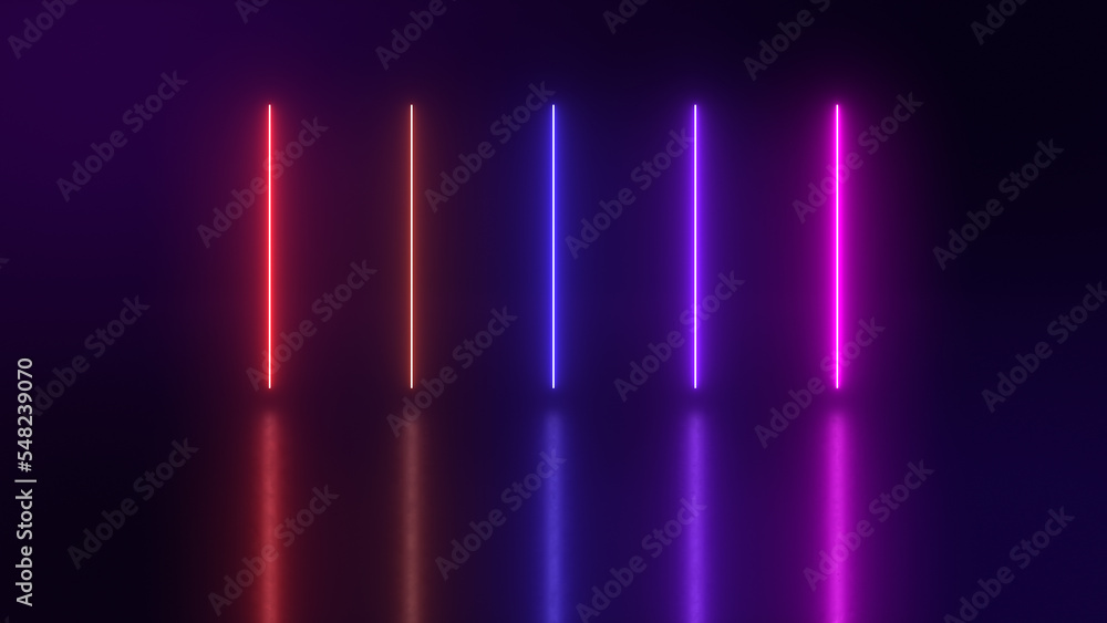 Animation of glowing vertical neon lines on reflecting floor. Flashing ...