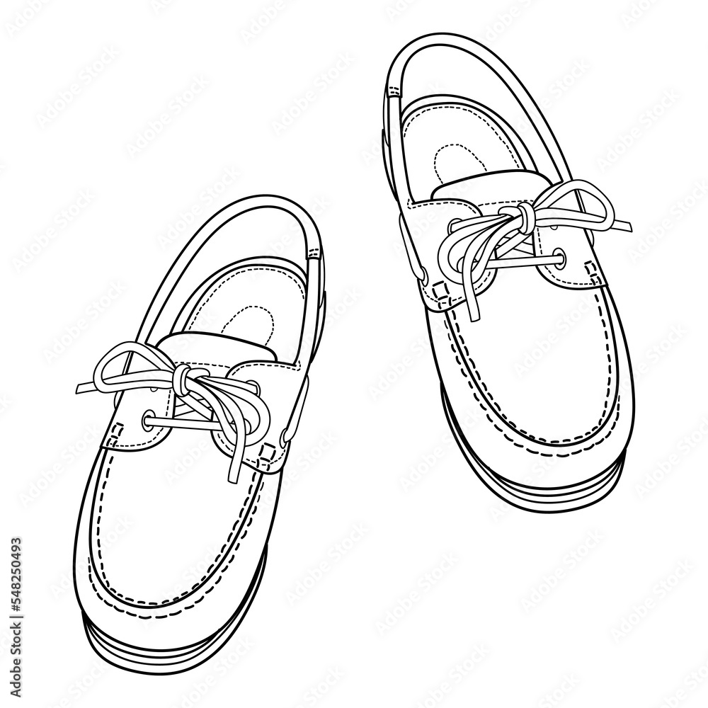 Hand drawn classic boat shoes front and top 3D view. Outline doodle ...