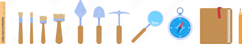 Archaeologists excavation tool set icon isolated on white flat vector ...