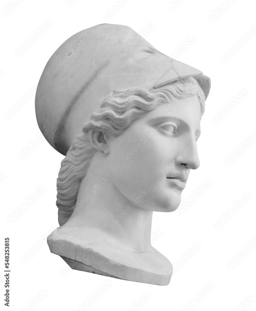 Ancient Greek goddess Athena Pallas statue. Marble woman head in helmet ...