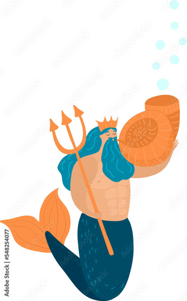 Mythological Poseidon in cartoon style, legend Neptune, mermaid man ...