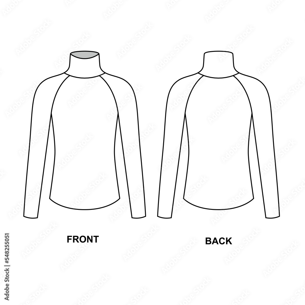 Technical vector drawing of a turtleneck sweater with raglan sleeve ...