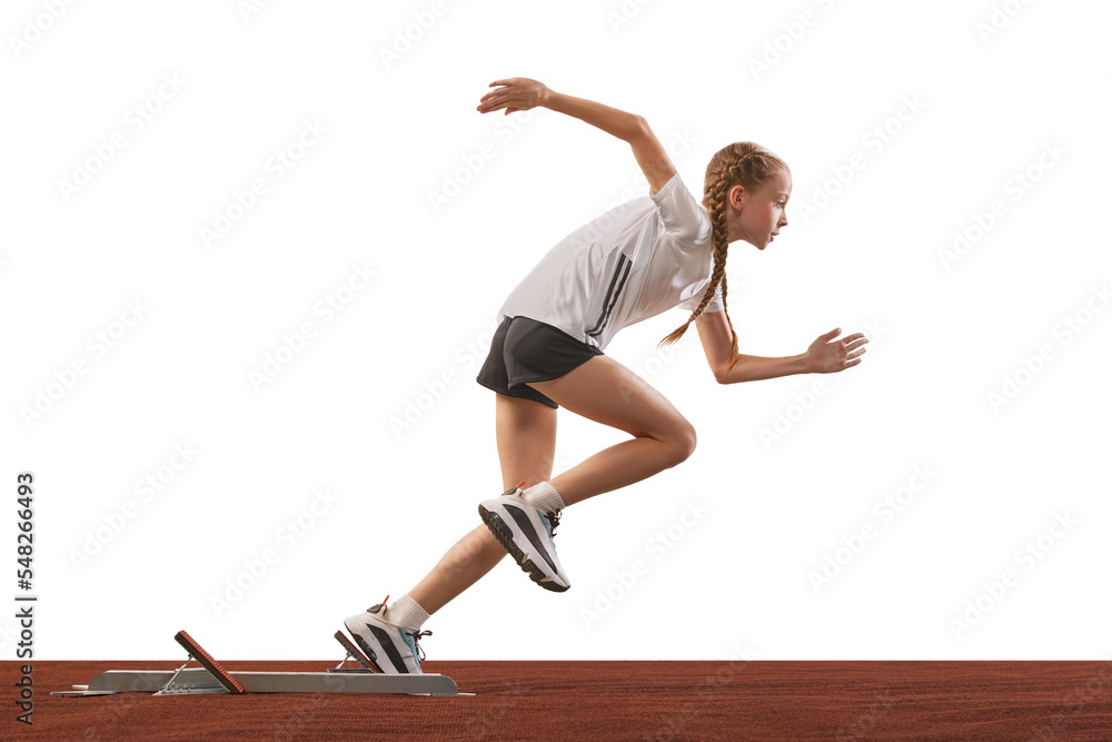 Start. Beginner female track runner bursting off starting block ...