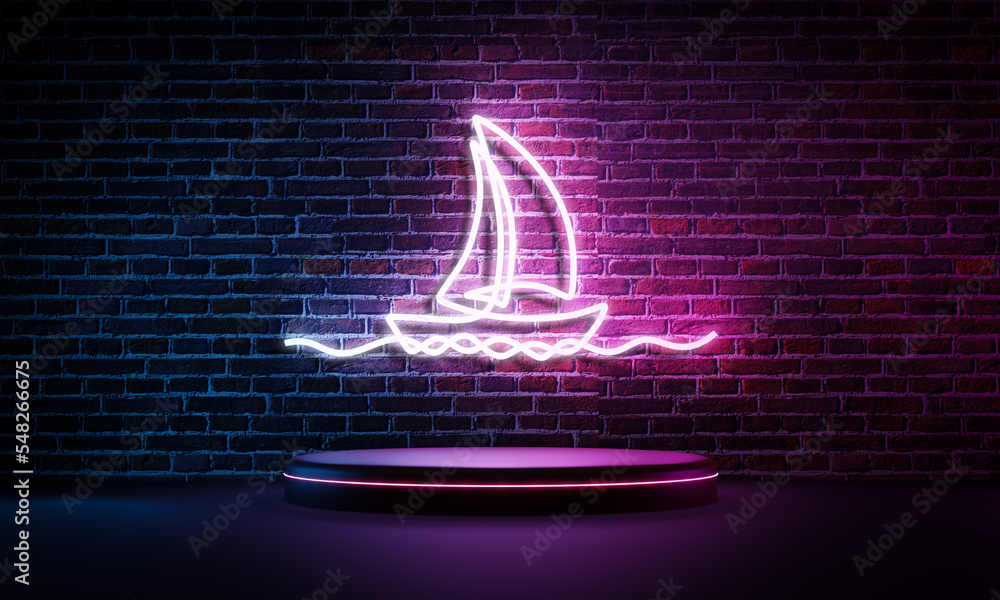 Stockillustratie Abstract neon background with glowing sailing boat one ...