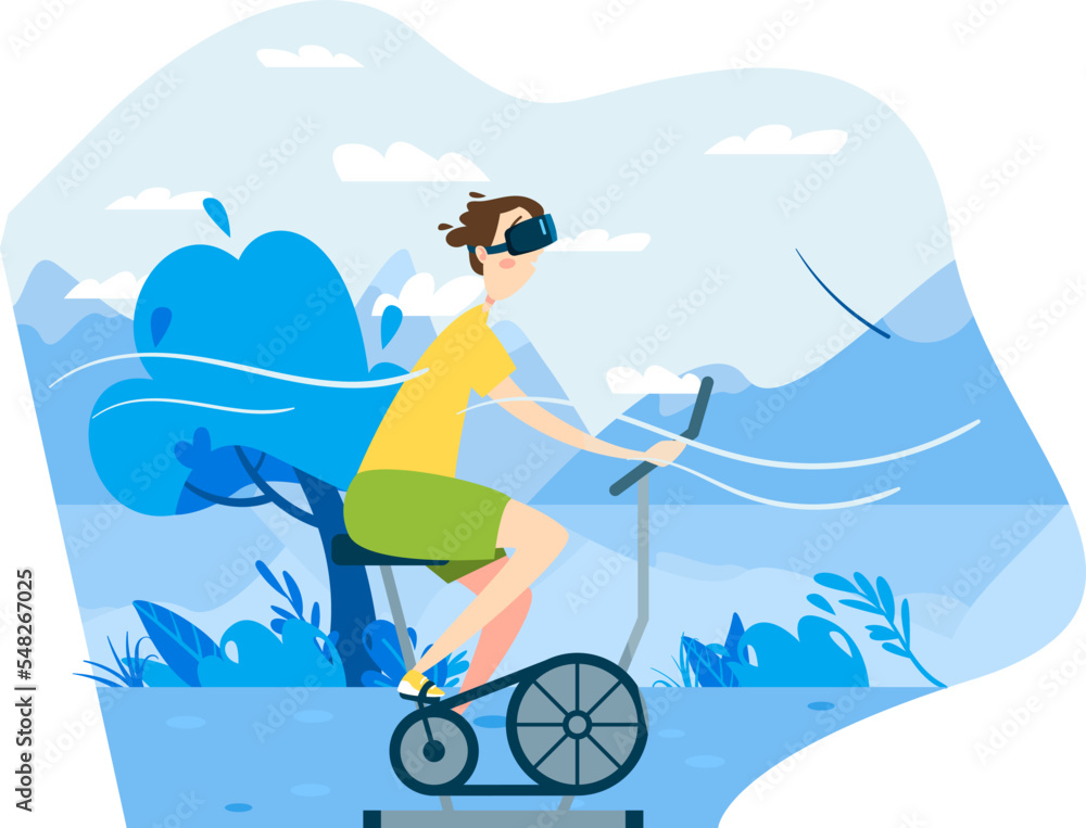 Male character training home vr exercise bike, virtual reality sport ...