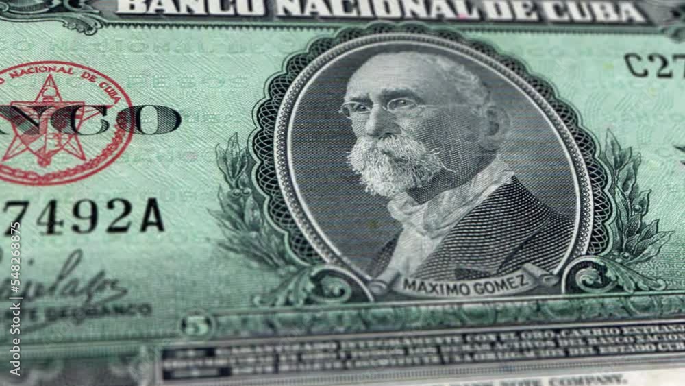 Cuba Cuban Peso 5 Banknotes, Five Cuban Peso, Close-up and macro view ...