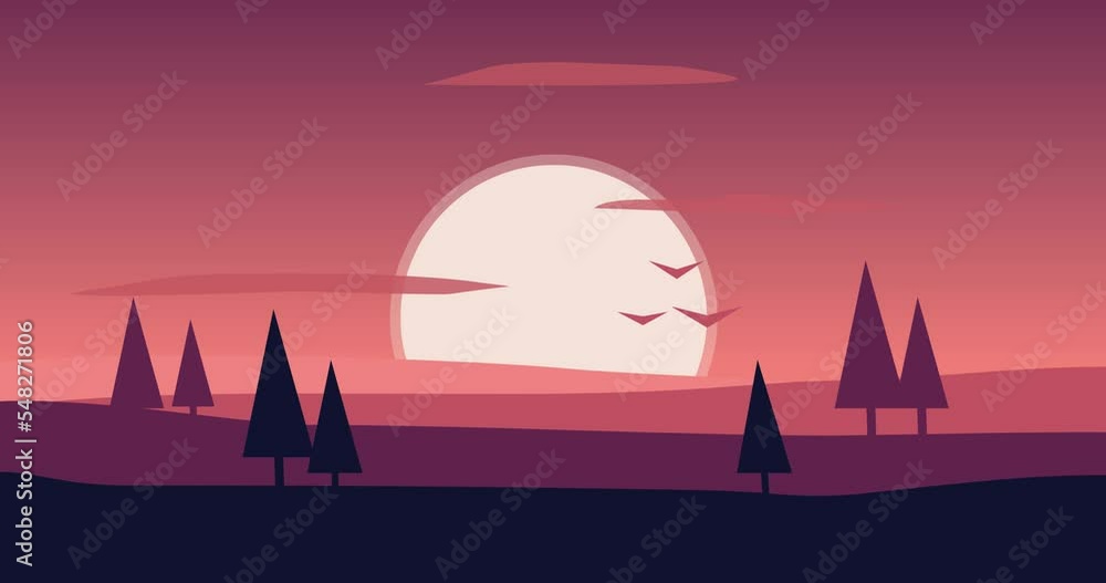 animated nature background wide area trees big round rays twilight ...