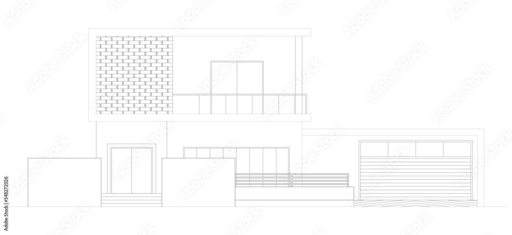 2D architectural graphic CAD illustration of the front facade of a ...