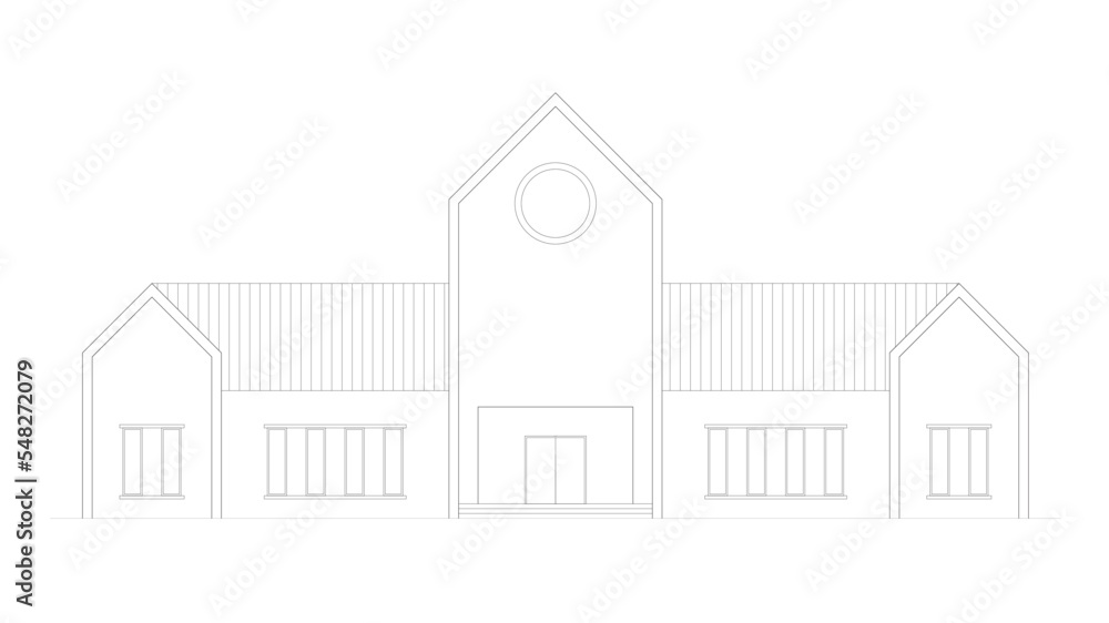 2D architectural graphic CAD illustration of the front facade of a ...