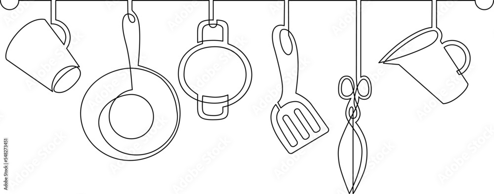 Hanging shelf railing with kitchen utensils. Still life on the kitchen ...