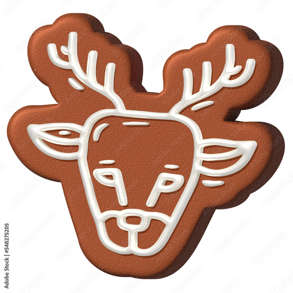 Christmas Deer 3D ginger cookies with icing, PNG render illustration of ...