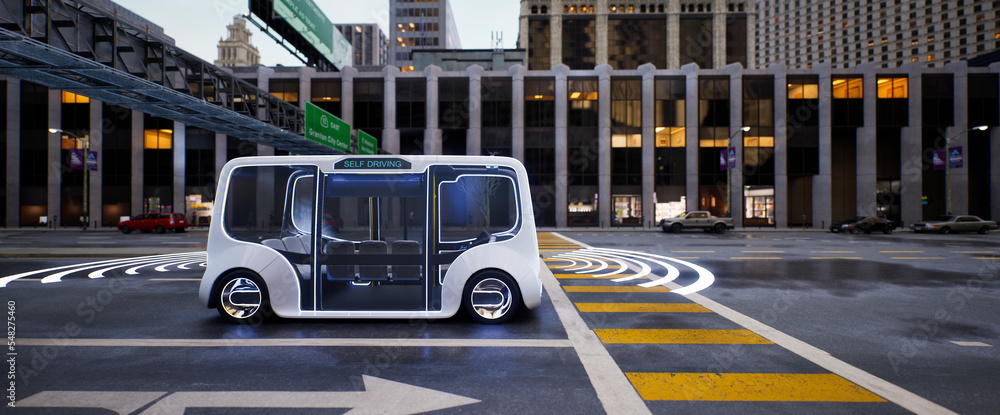 Autonomous electric bus self driving on street, Smart vehicle ...