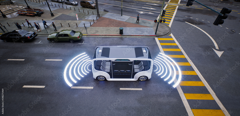 Autonomous electric bus self driving on street, Smart vehicle ...