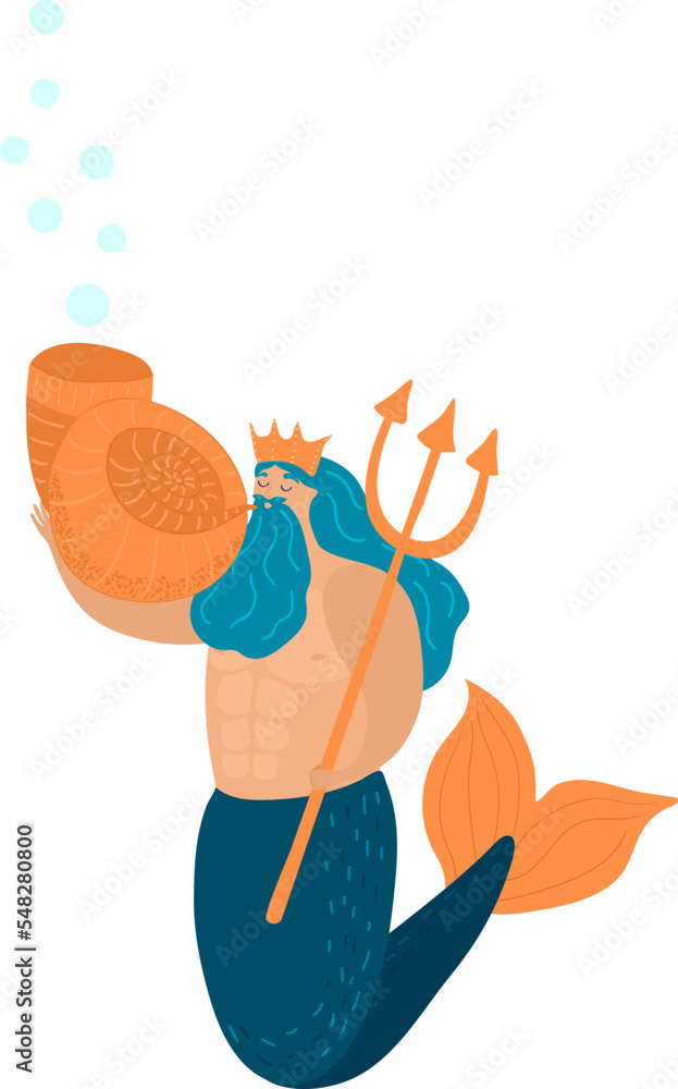 Mythological Poseidon in cartoon style, legend Neptune, mermaid man ...