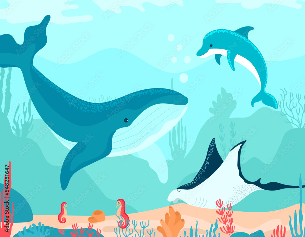 Funny, oceanic landscape in cartoon style, underwater world, sea coral ...