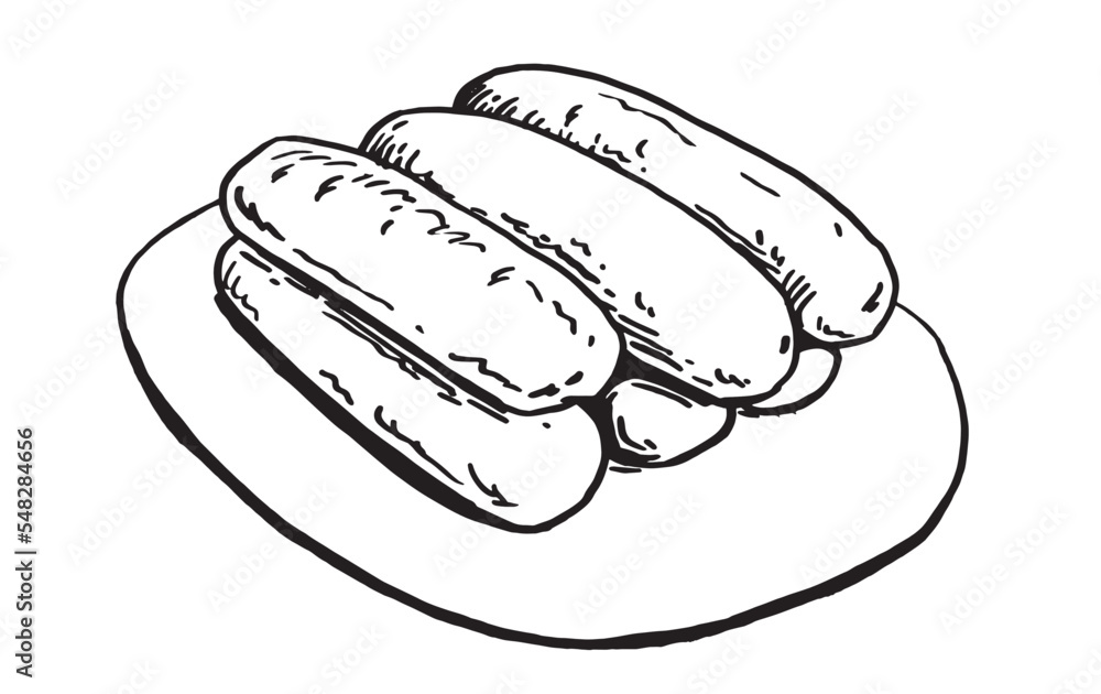 Vector long buns on the plate isolated on white background, bakery ...