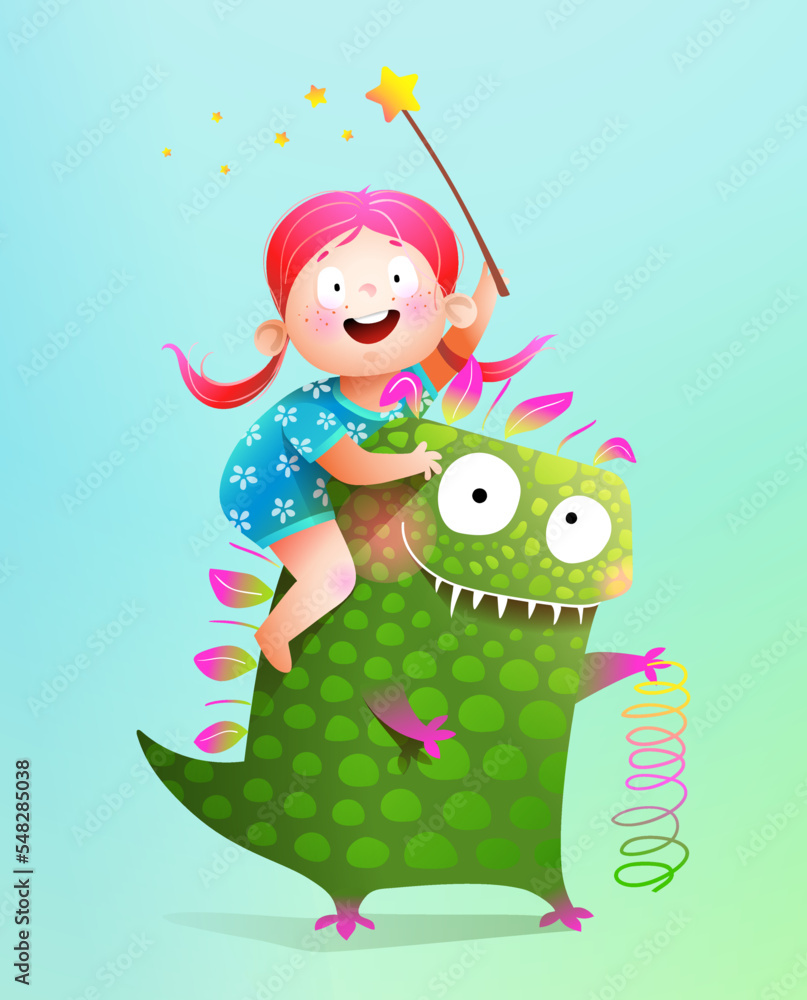 Cute little green monster and little girl, friends playing together ...