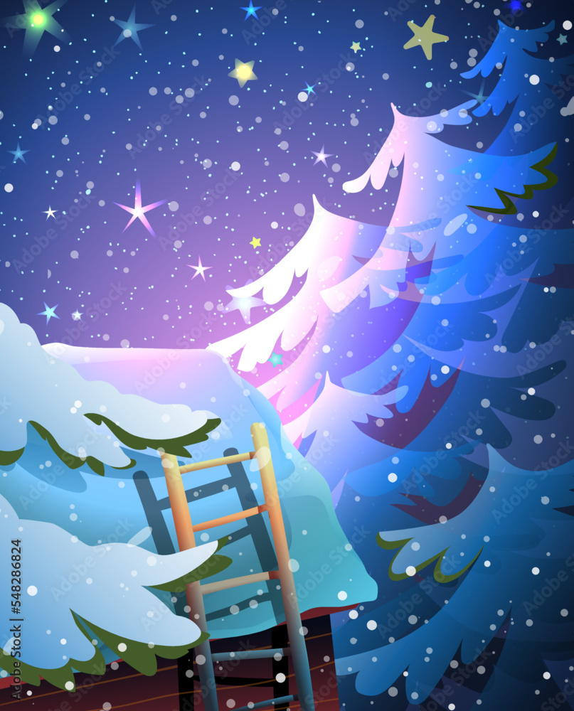 Roof of house at winter night with stars and snowfall in forest ...