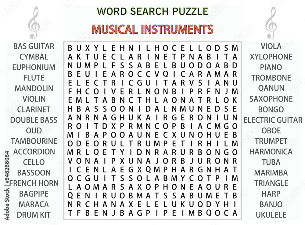 Word search puzzle vector (Word find game) illustration. Music ...
