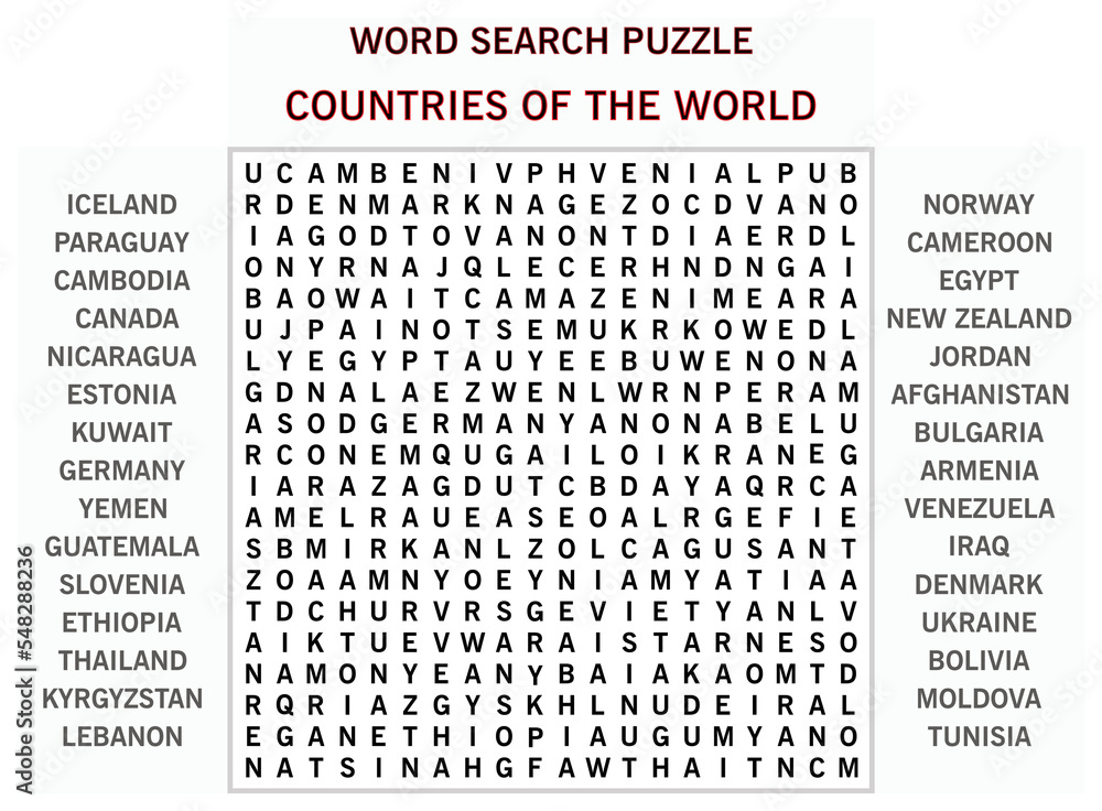 Word search puzzle vector (Word find game) illustration. Countries of ...