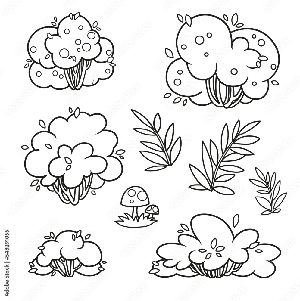 Set of foliar bushes linear drawing for coloring page isolated on white ...