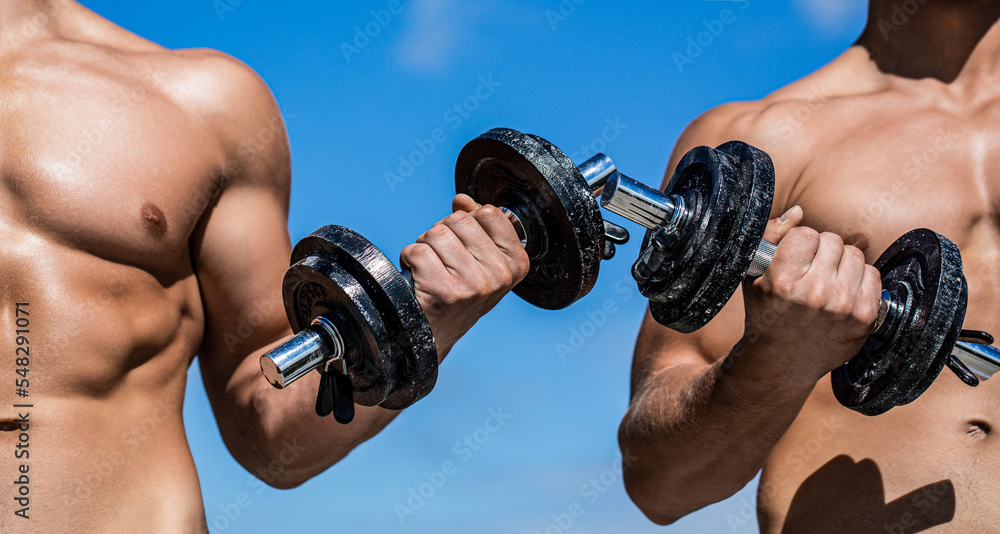 Dumbbell. Muscular bodybuilder guys, exercises with dumbbells. Muscles ...