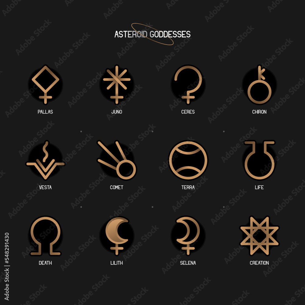 ASTEROID GODDESSES zodiac horoscope thin line label linear design ...
