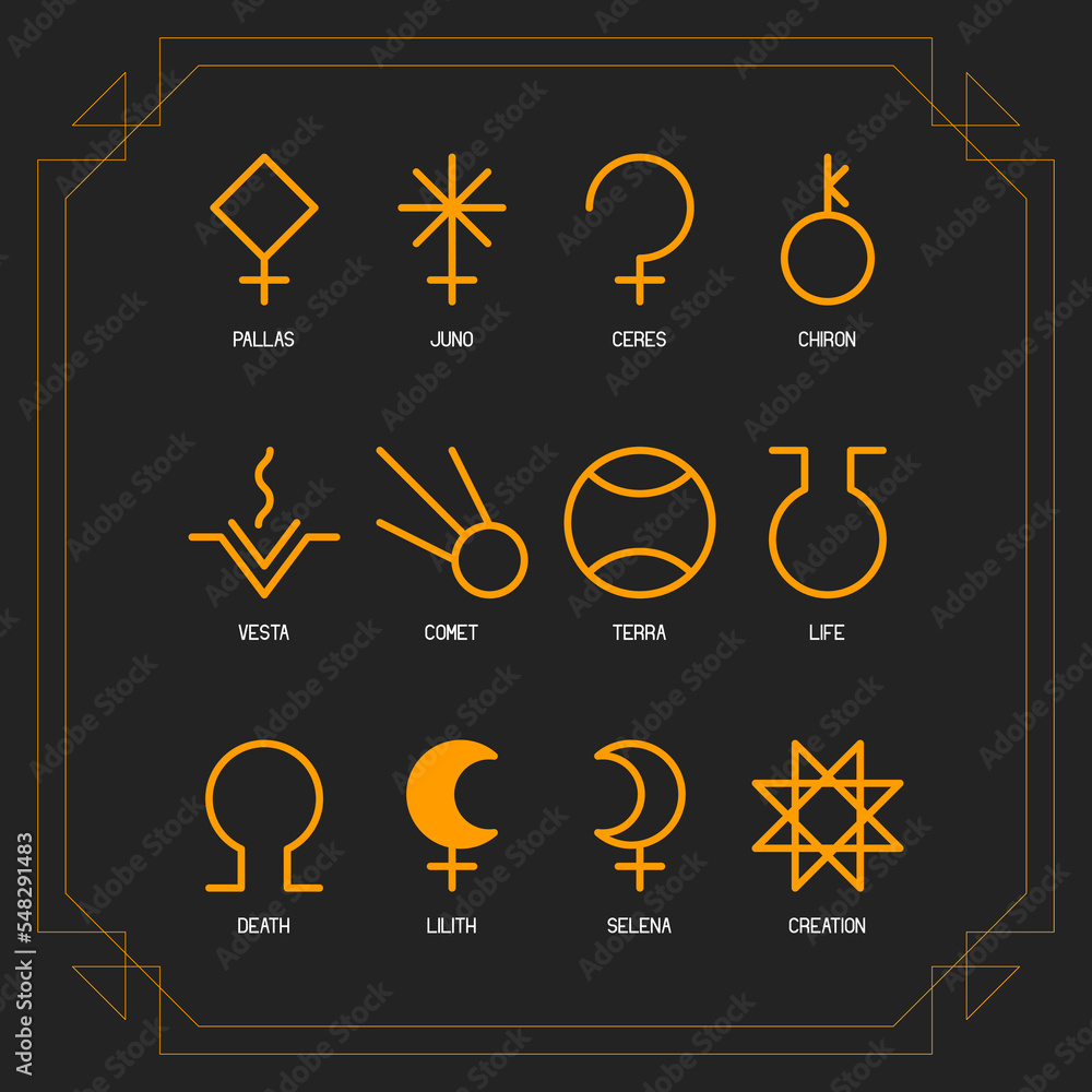 ASTEROID GODDESSES zodiac horoscope thin line label linear design ...