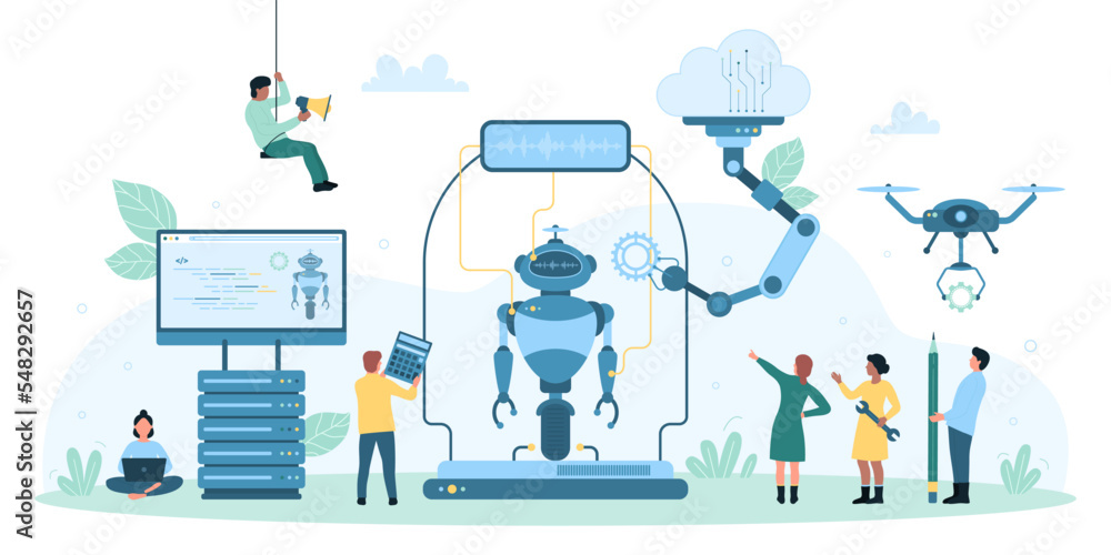 Science robot building technology vector illustration. Cartoon tiny people making cyborg with AI ...