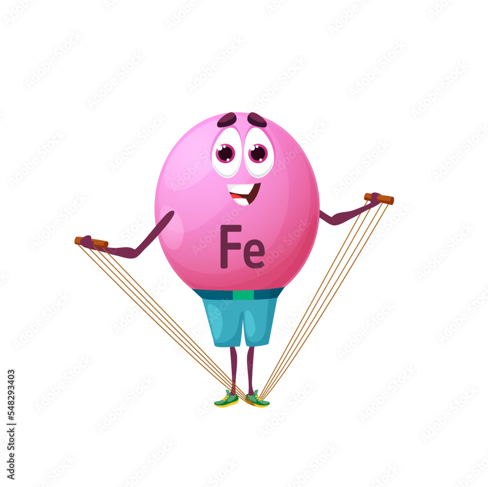 Cartoon ferrum or iron athlete character with expander. Fe chemical ...