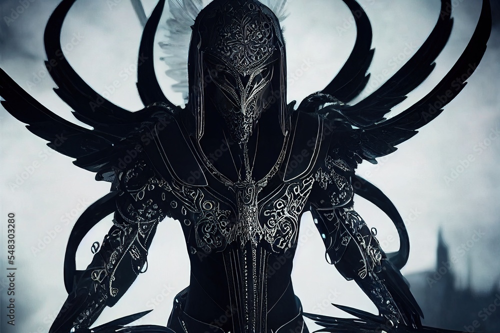 Archangel in black and blue metallic body armor, filigree design ...